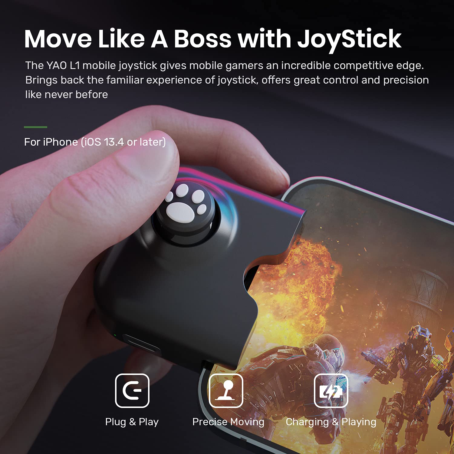 IFYOO YAO L1 Pro Mobile Game Controller Joystick for iPhone (iOS 13.4 or Later), Gaming Gamepad for PUBGG Mobile, Call of Duty Mobile(CODM), Wild Rift, Genshin Impact, with 2 pcs Finger Sleeve - Black
