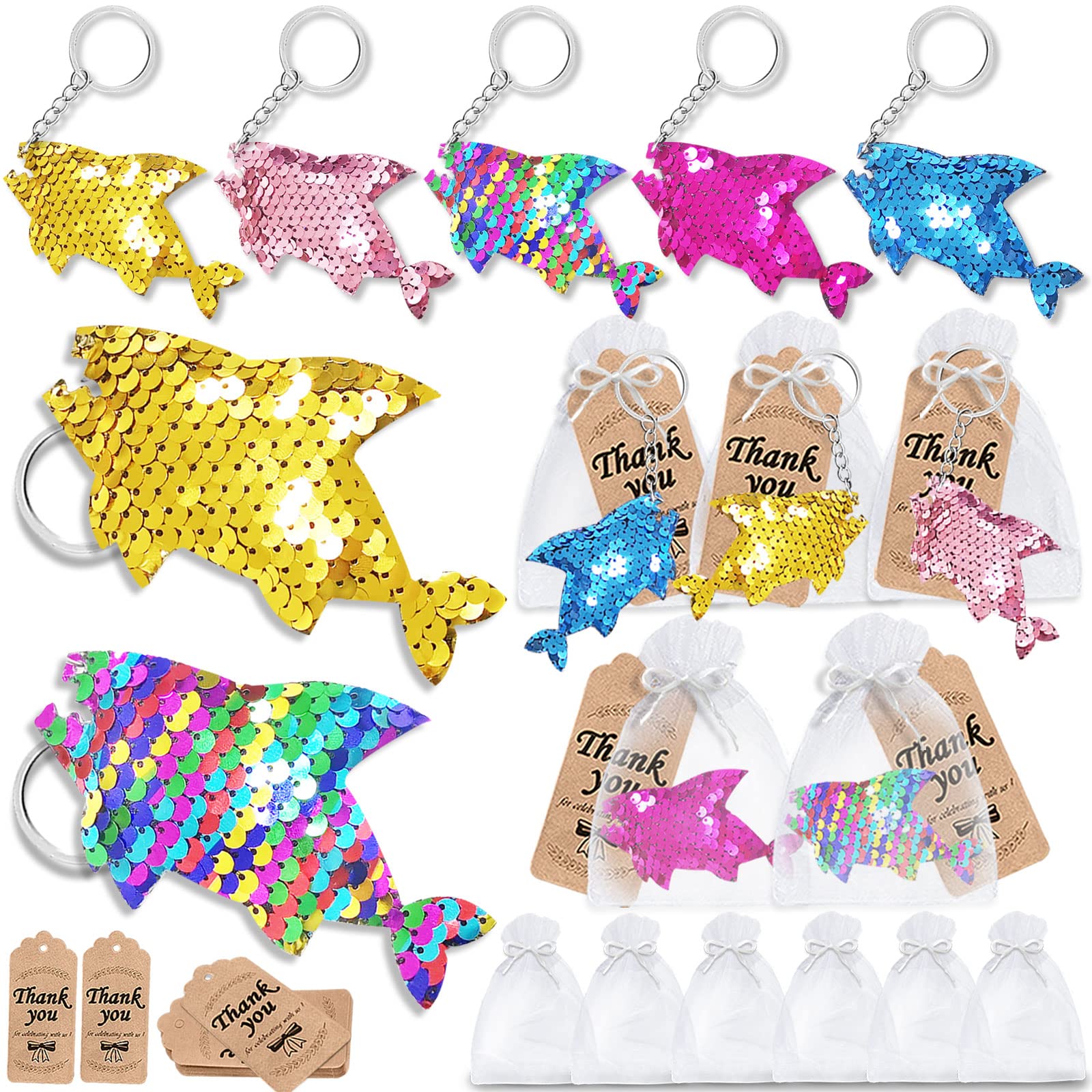 CiciBear 60 Pack Double-Deck Shark Sequin Keychain Set with 20 Shark Keychains, 20 Thank You Tags and 20 Gift Bags for Ocean Animal Party Favor, Kids and Adult Birthday, Baby Shower, 5 Colors