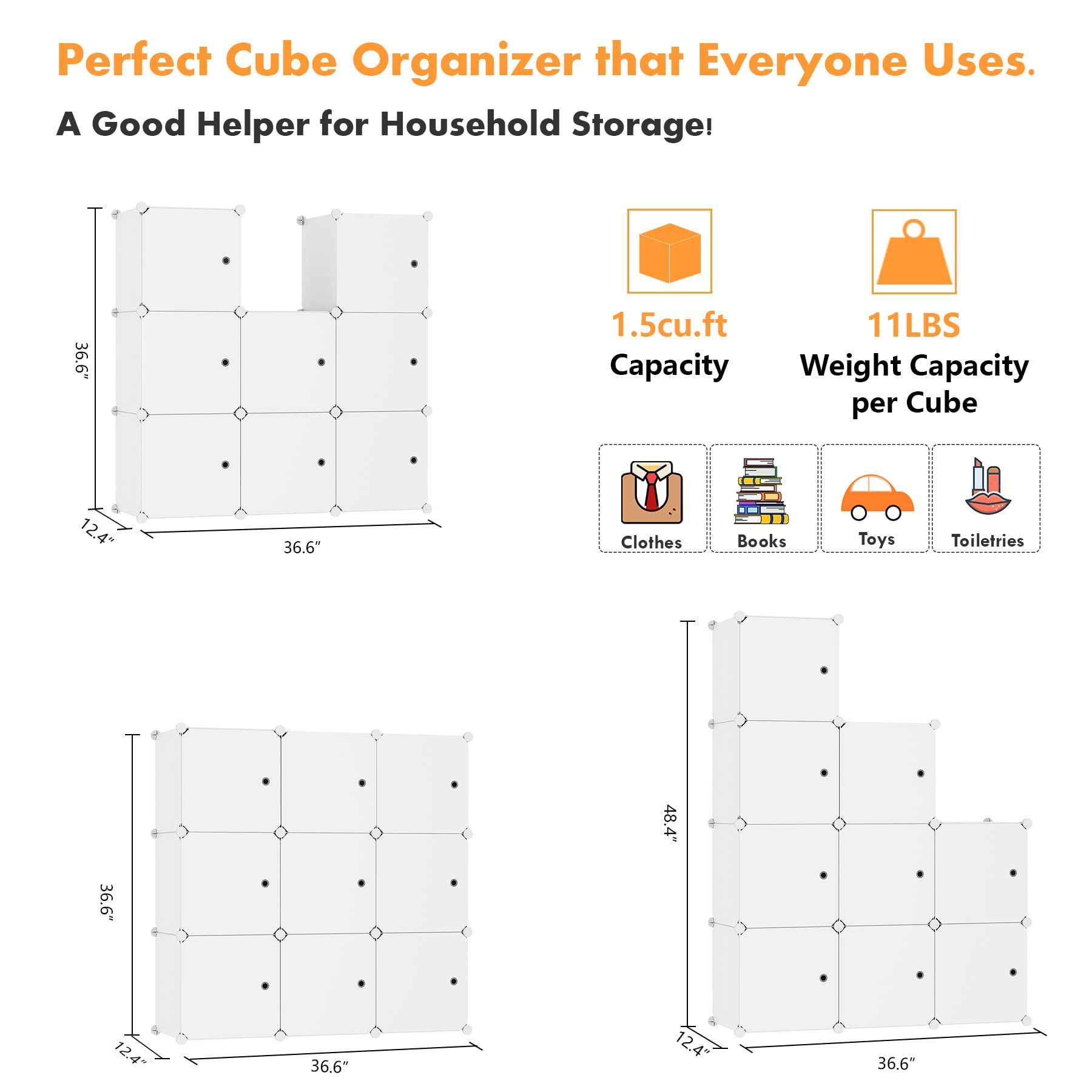 C&AHOME Cube Storage Organizer with Doors, 9-Cube Shelf, Closet Cabinet, DIY Plastic Modular Bookshelf, Storage Shelves Ideal for Bedroom,Living Room,36.6”L x 12.4”W x 36.6”H Milky USHS3009M-DOOR