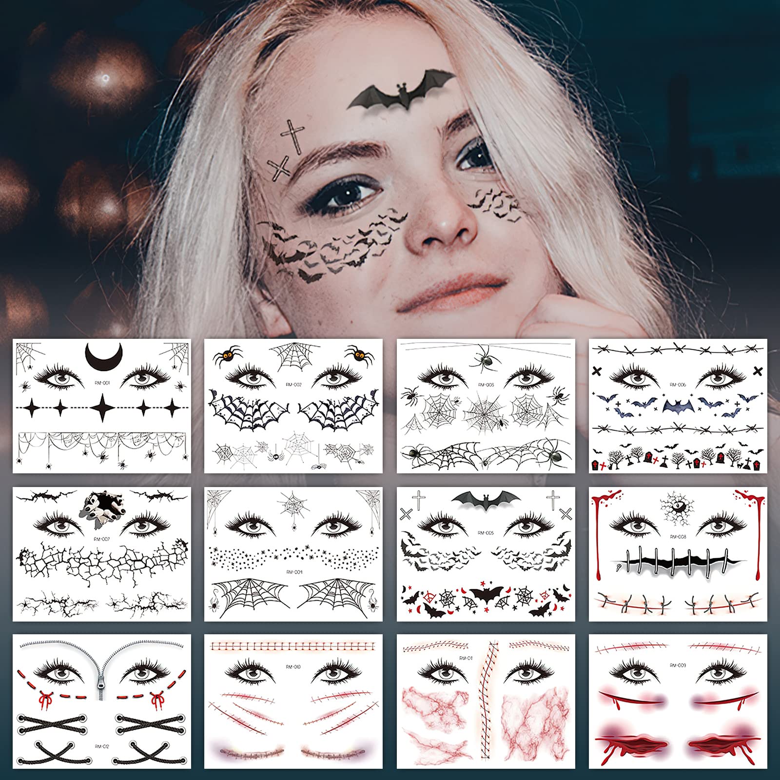 AUOCATTAIL 12 Count Halloween Temporary Tattoos Face Shoulder Arm Back Tattoos Stickers - Spider, Bat, Zombie, Scar for Death Day Makeup Face Tattoos for Women Men Party Supplies