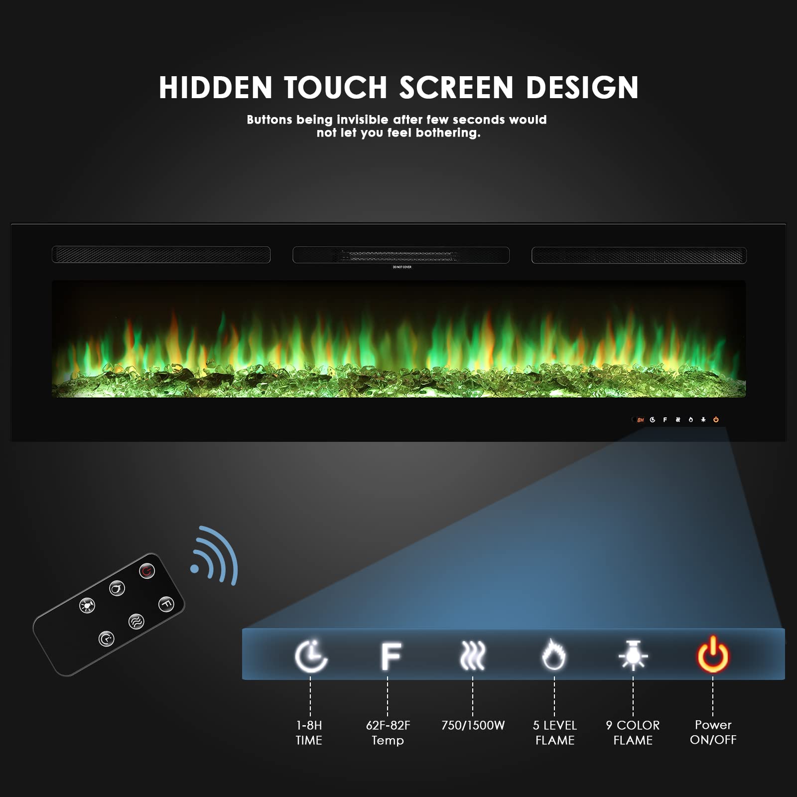 AthLike 60'' Recessed and Wall Mounted Electric Fireplace, 750/1500W Low Noise Linear Heater, with Multicolor Flame and 5 Flame Brightness, Log&Crystal, Touch Screen Remote Control,1-8h Timer, Black
