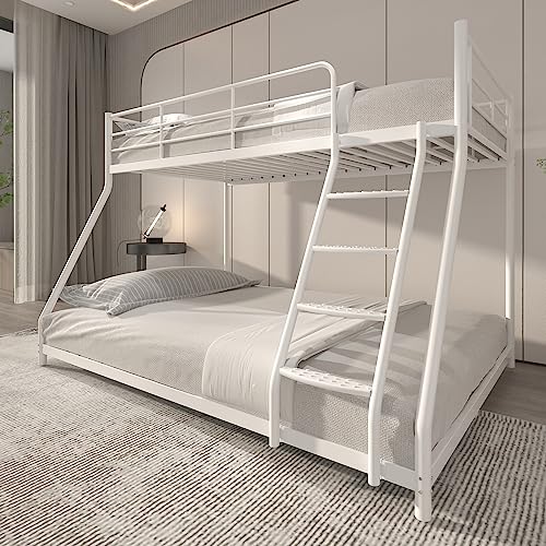 AnwickNomo Heavy Duty Steel Twin Over Full Bunk Bed, Bunk Beds for Kids Adults Teens Bunk Bed with Stairs & Flat Rungs, Metal Slat Support, No Box Spring Needed (White)