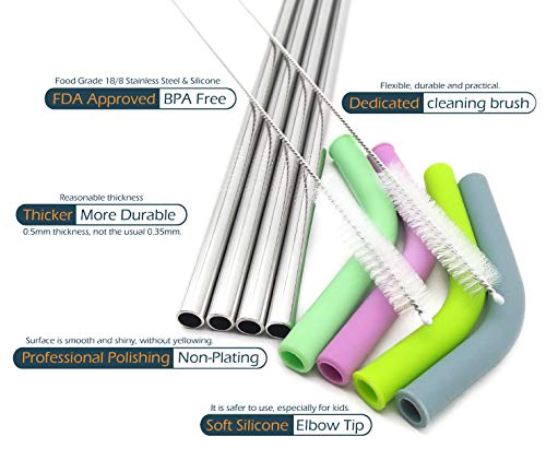 Big Drinking Straws Reusable 13" Extra Long 8mm Extra Wide Food-Grade 18/8 Stainless Steel Silicone Elbows Tips for Smoothie Milkshake Cocktail Juice Hot Drinks - Set of 4 + 2 Cleaning Brushes