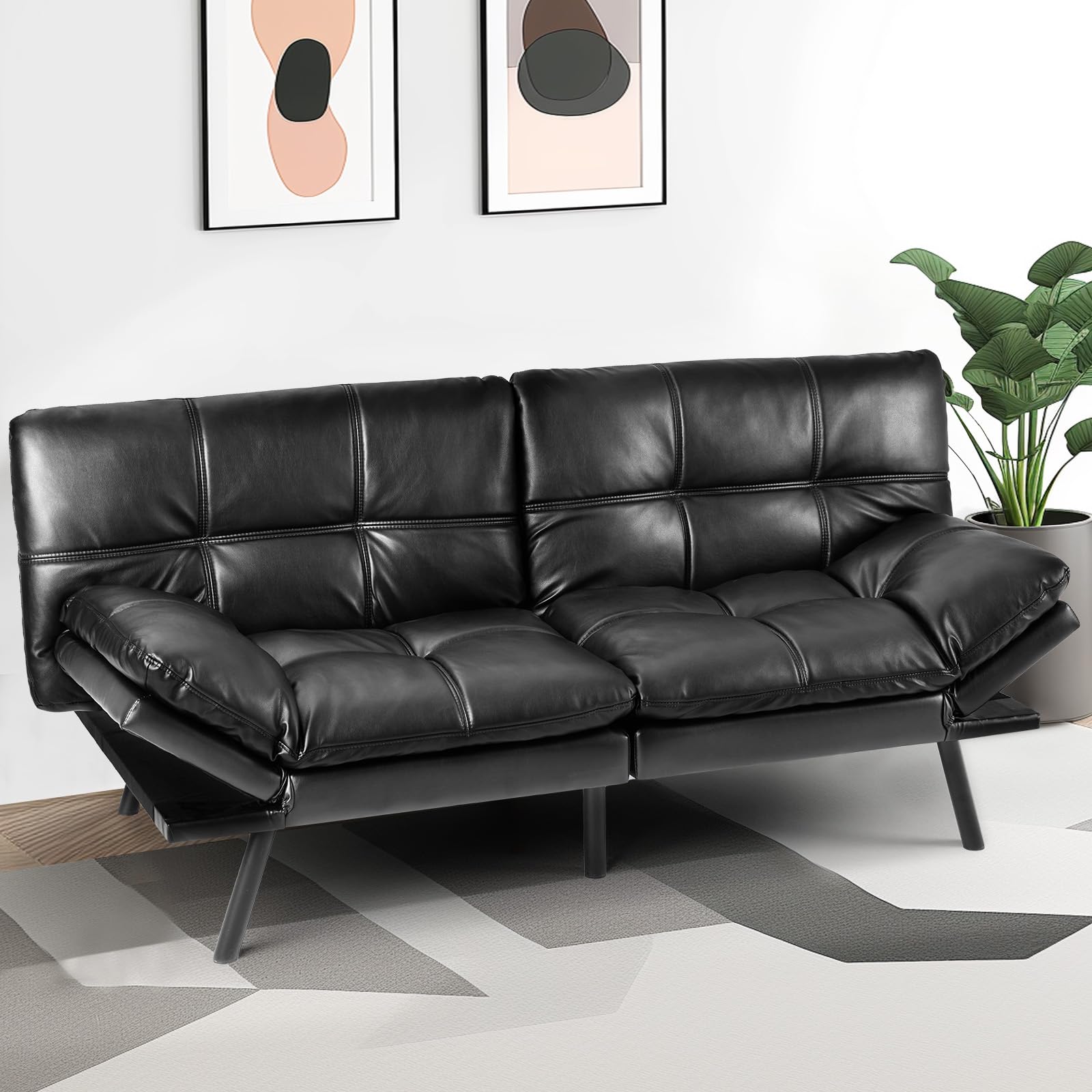 OLIXIS Faux Leather Futon Sofa Bed Couch,Convertible Sofa Bed,Memory Foam Loveseat Sofa,Small Splitback Sofa Sleeper for Office,Living Room,Black