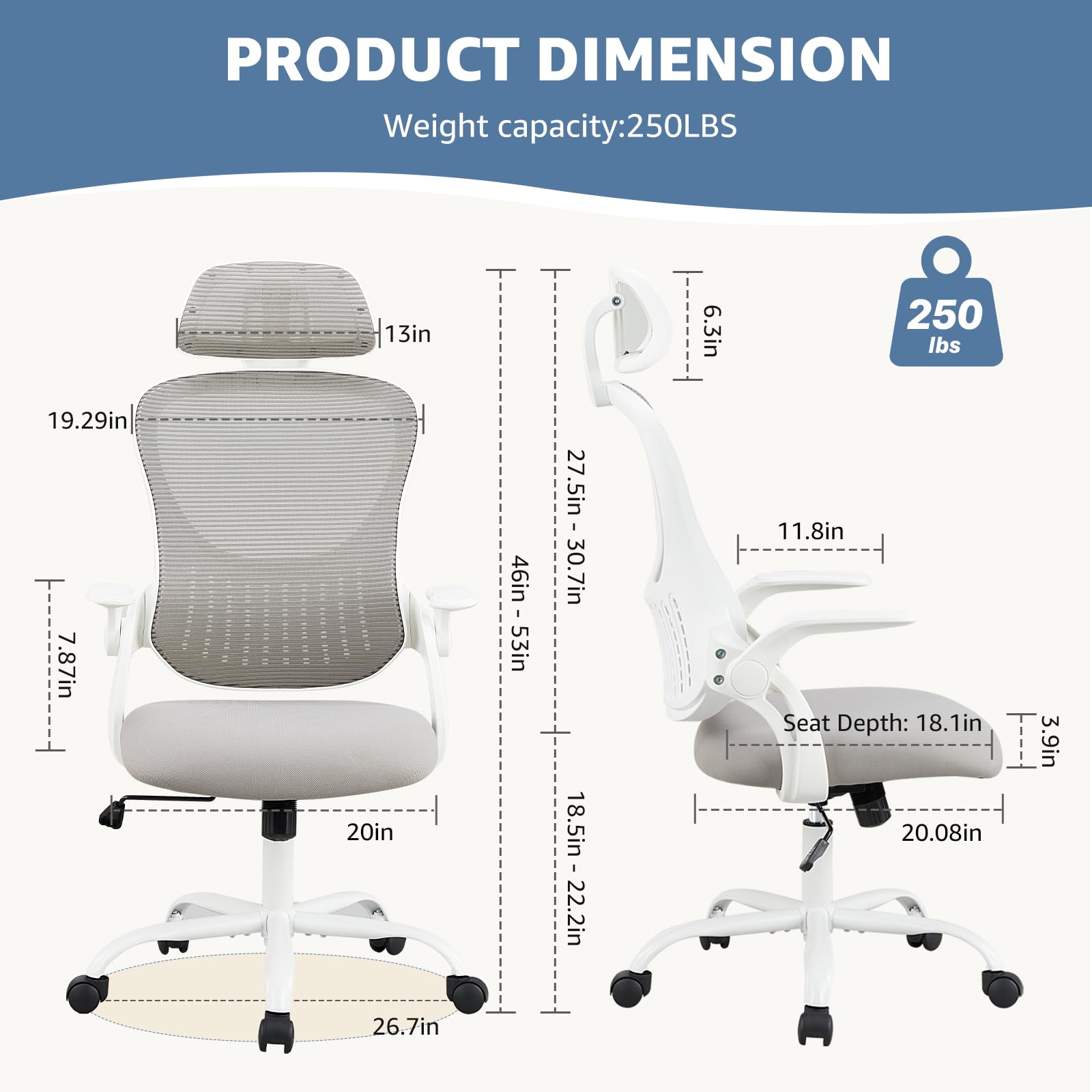 OLIXIS Ergonomic Office High-Back Mesh Computer Desk Wheels, Adjustable Headrest and Flip-Up Arms, Swivel Comfy Padded Rolling Task Chairs for Home Study Bedroom Gamer, Grey, 26.69 x 25.39 x 52.95