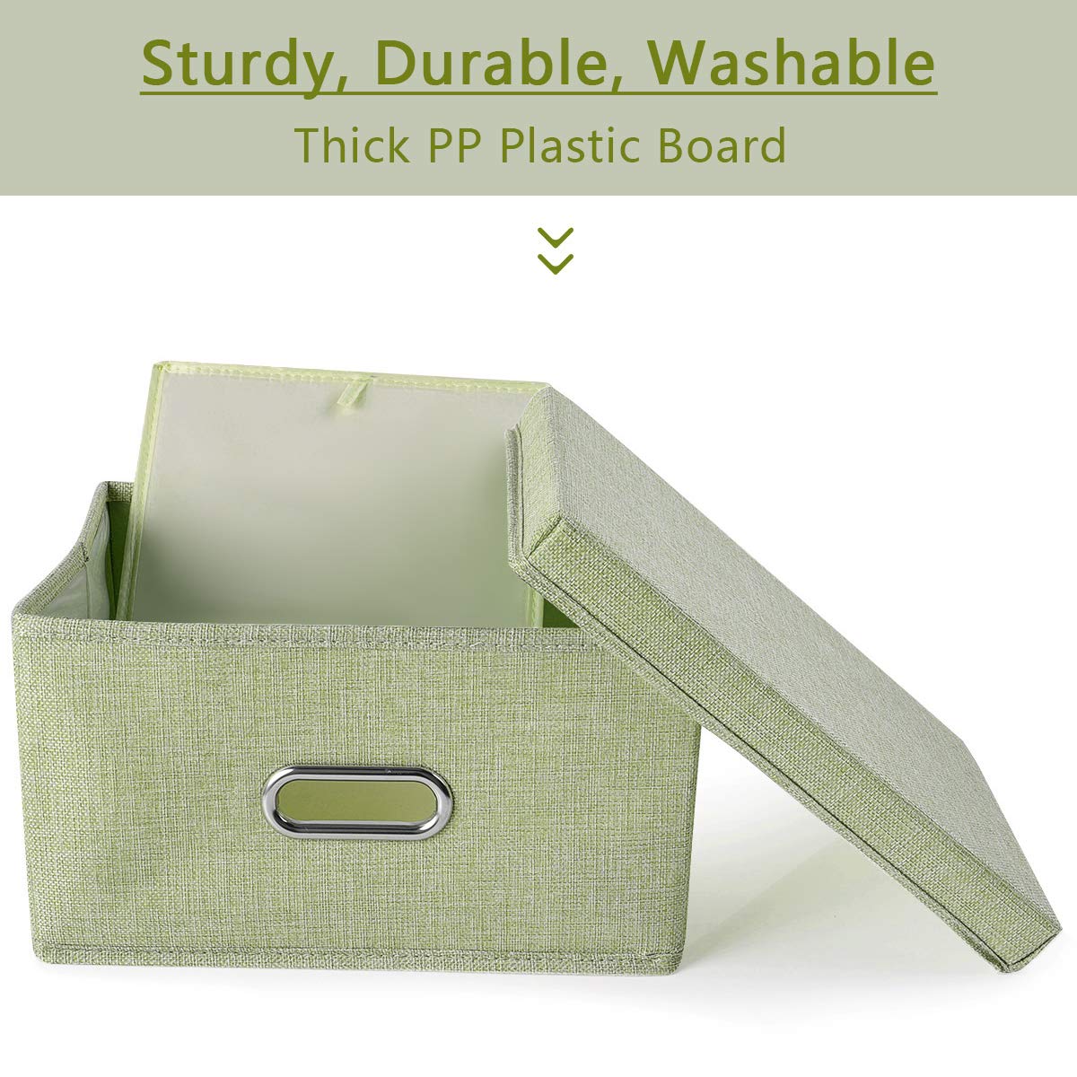 ANMINY 2 PCS Storage Boxes with Handles Removable Lids PP Plastic Board Foldable Lidded Cotton Linen Home Storage Cubes Bins Baskets Closet Clothes Toys Organizer Containers - Green, Small Size