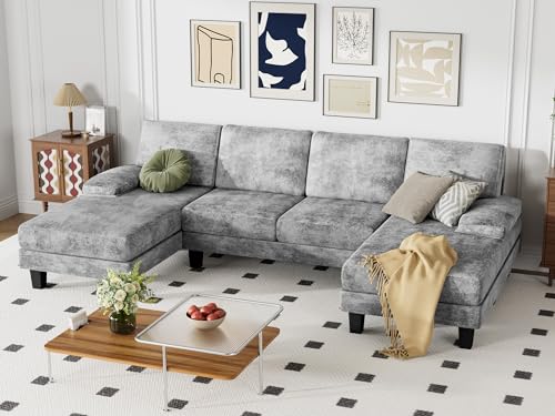YESHOMY Convertible Sectional Sofa U-Shaped Couch with Soft Modern Cotton Chenille Fabric for Living Room, Oversized Seats with Comfortable Backrest, Gray