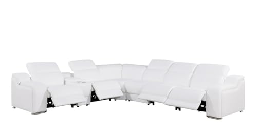 BlackJack Furniture Ibero 7-Piece Italian Leather Sectional Reclining Sofa Set with 4 Power Recliners, Adjustable Headrests, USB and Wireless Phone Charger, and Console Storage, White