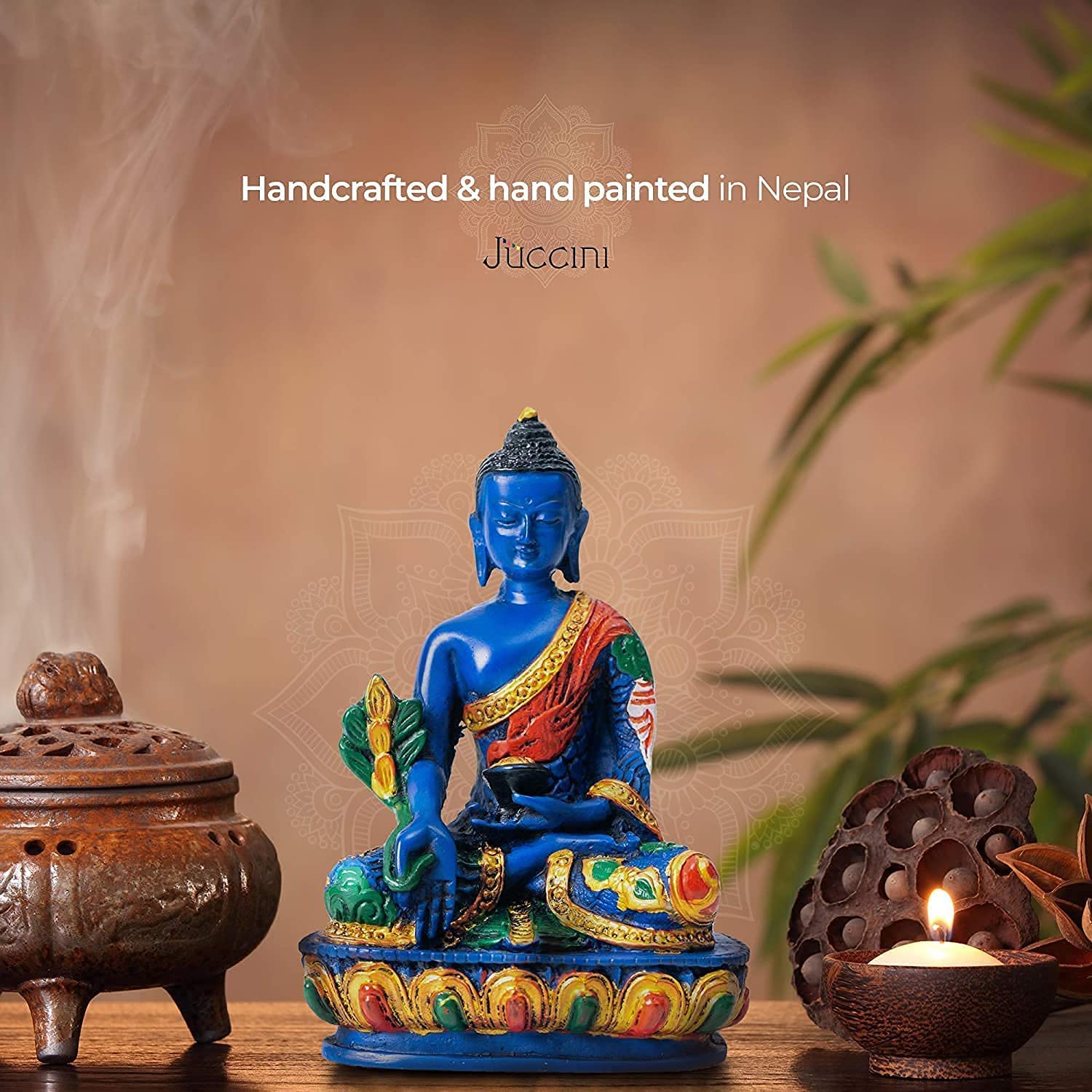Juccini Handmade 5" Buddha Statues for Home Decor, Small Buddha Meditation Statue for Indoors Outdoor Office & Home Decoration, Hand Painted in Nepal (Medicine Buddha)