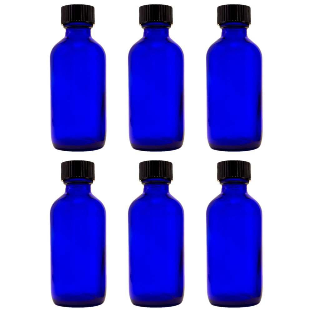 Cobalt Blue Glass Boston Round Bottle with Cap - 2 Oz. (Pack of 6)