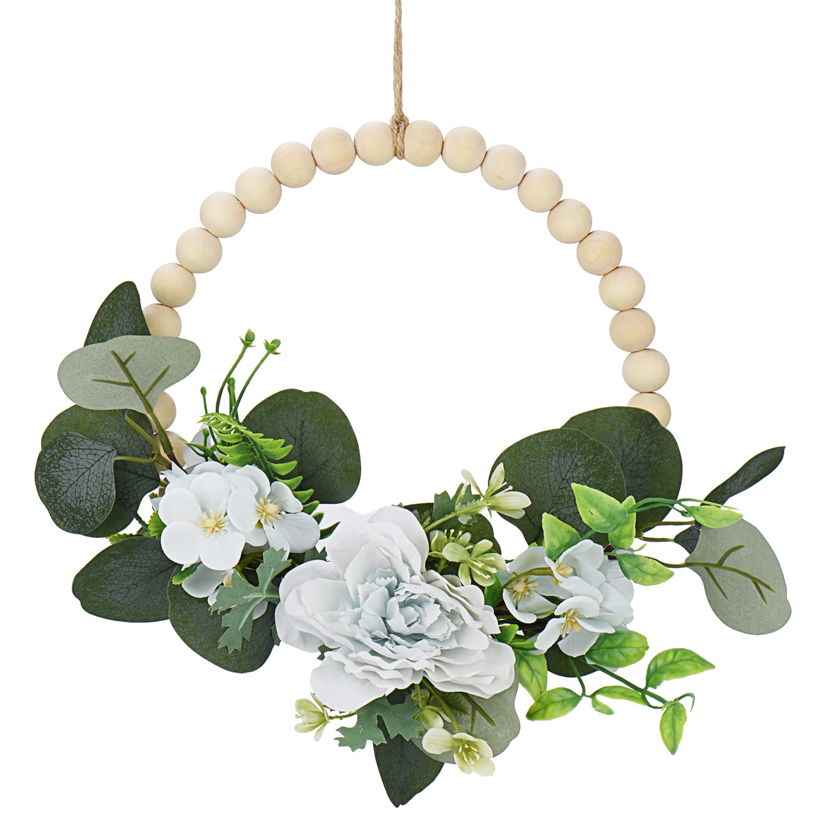 Artificial Flower Wreath,Wood Beads Camellia Wreath, Indoor/Outdoor Farmhouse Wreaths for Front Door Decor