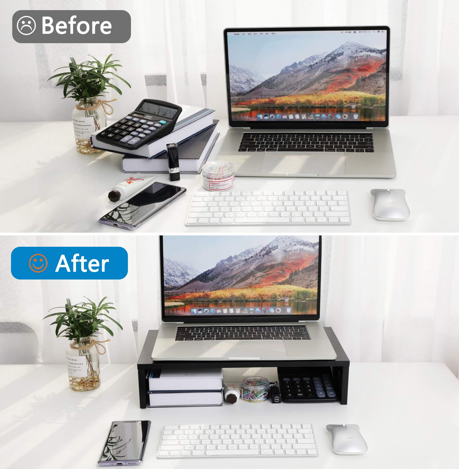 AMERIERGO Monitor Stand Riser, Computer Stand, Desk Organizer Stand, Desktop Printer Stand with Phone Holder and Cable Management, Versatile as Storage Shelf & Screen Holder, for Laptop Printer PC
