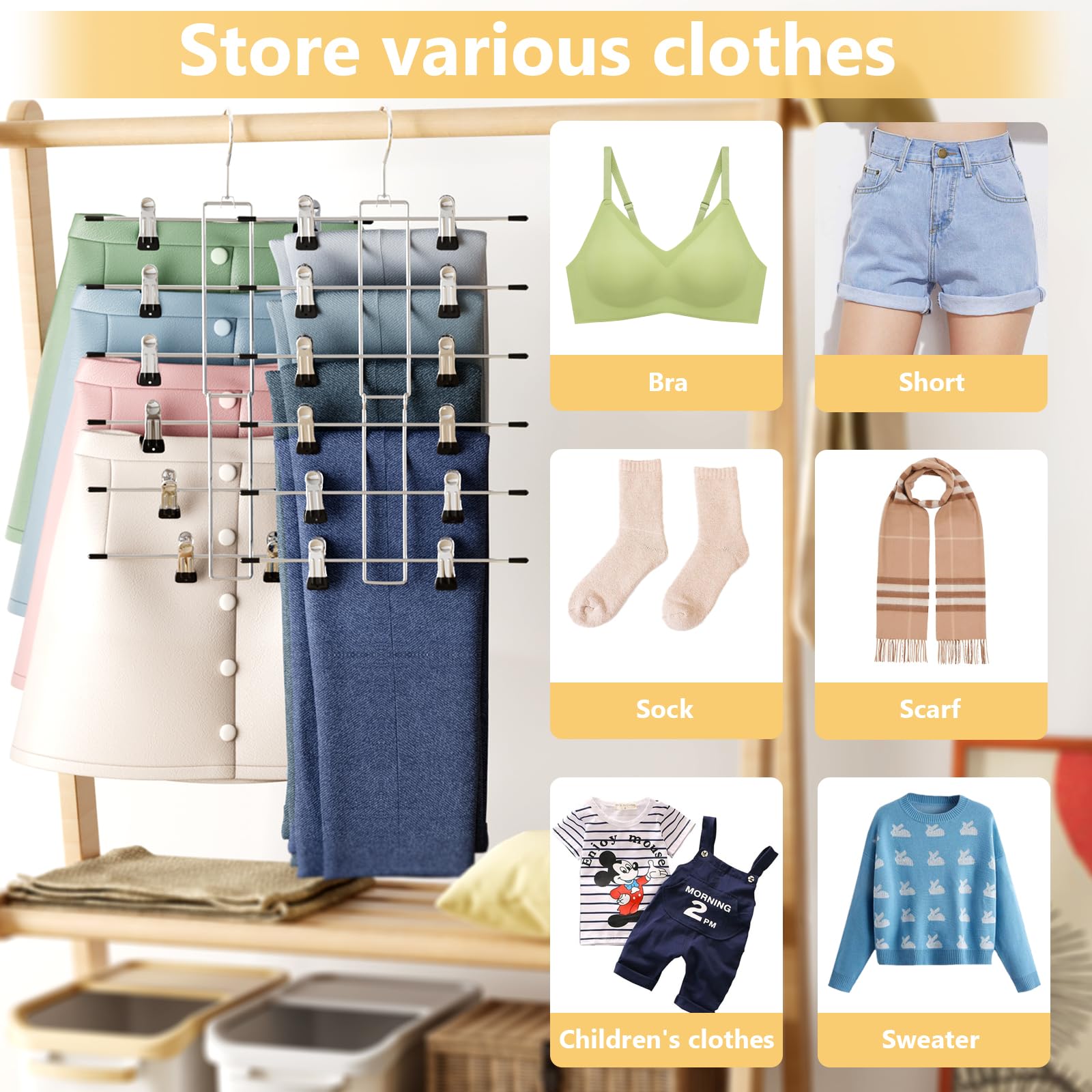 Closet Organizers and Storage-Hanging Closet Organizer-6 Tier-Skirt & Pants Hangers Space Saving-Durable Closet Organization Hangers-Skirt Hangers with Clips-2 Pack Closet Storage-Apartment Essentials