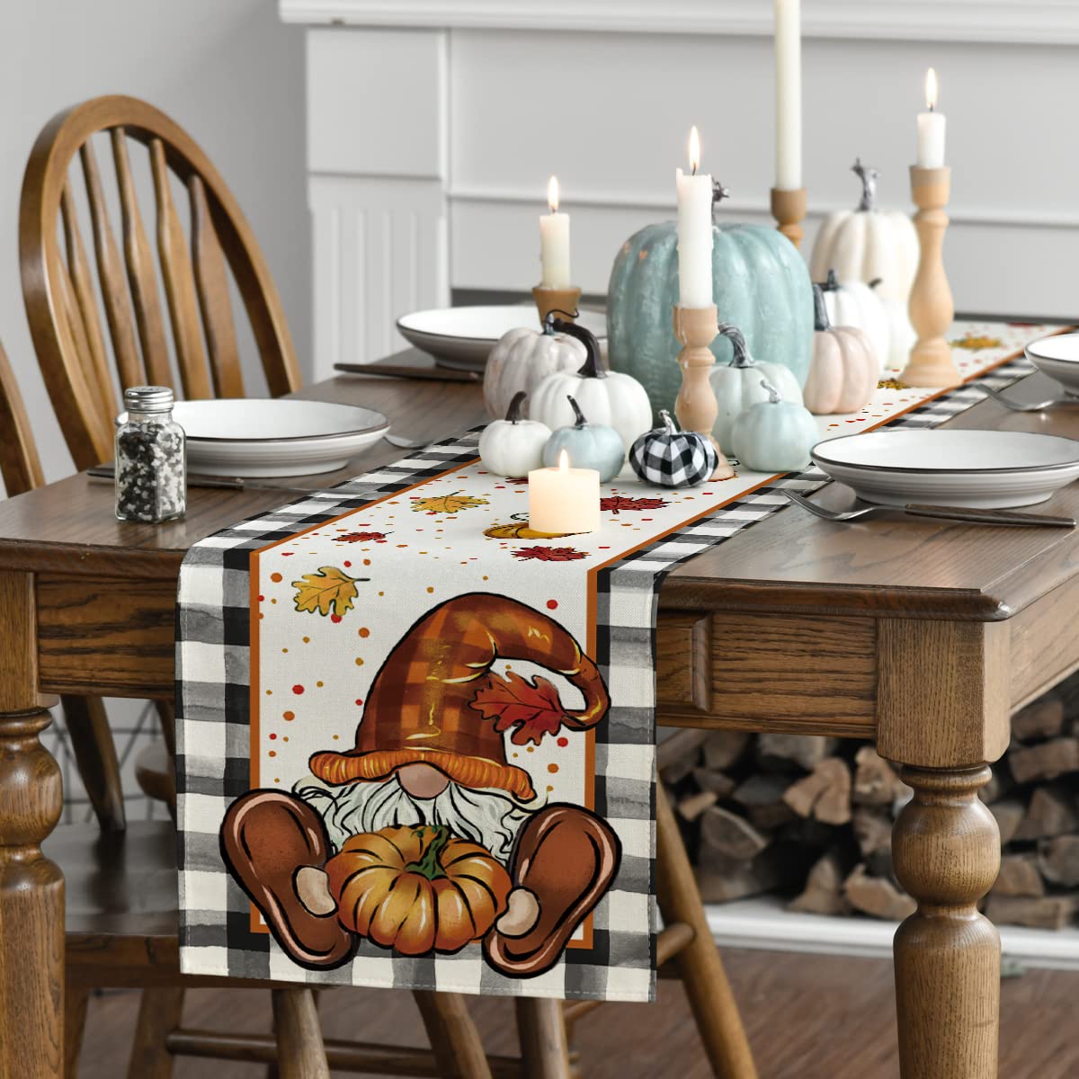 Artoid Mode Buffalo Plaid Gnome Pumpkin Maple Leaves Fall Table Runner, Autumn Kitchen Dining Table Decoration for Indoor Outdoor Home Party 13x72 Inch