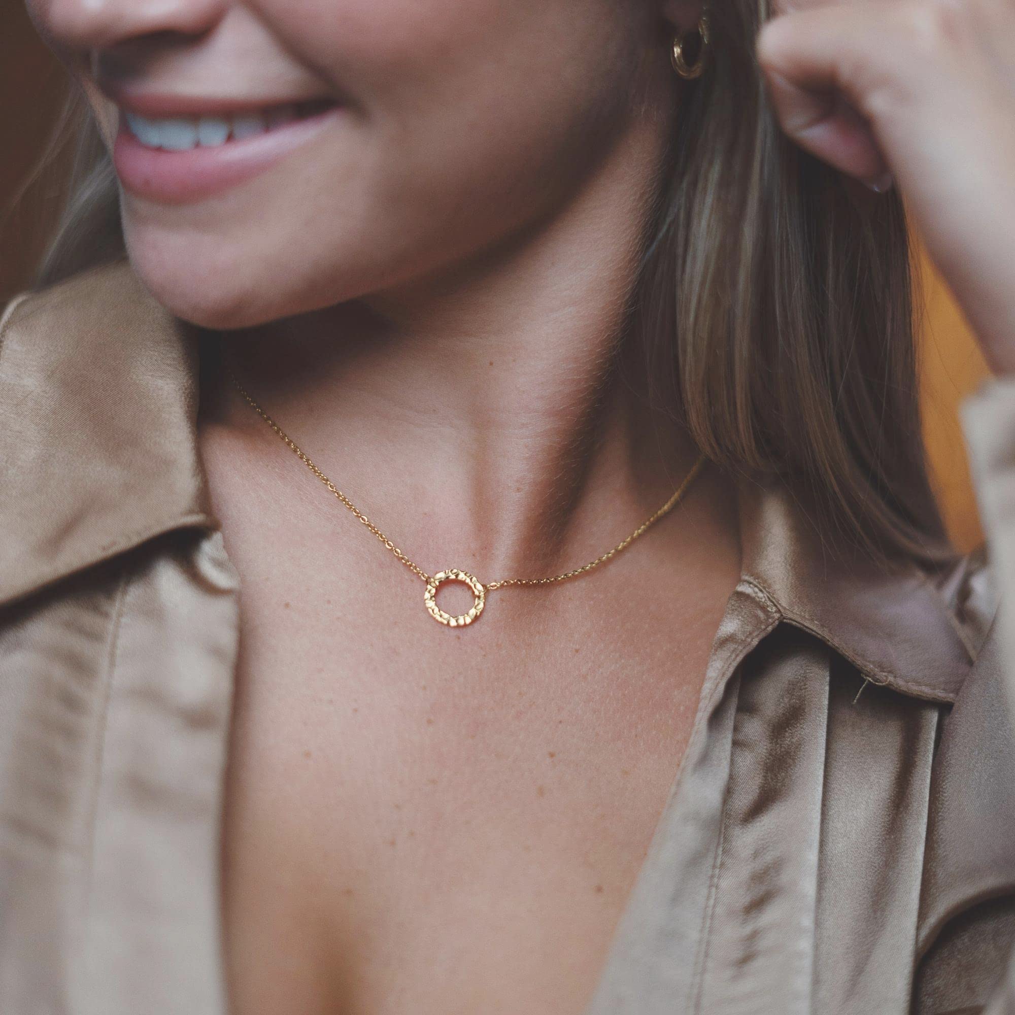 Ava Riley Necklaces for Women Gold Necklace Dainty Karma Choker Hammered Open Circle 14K Real Plated Jewelry