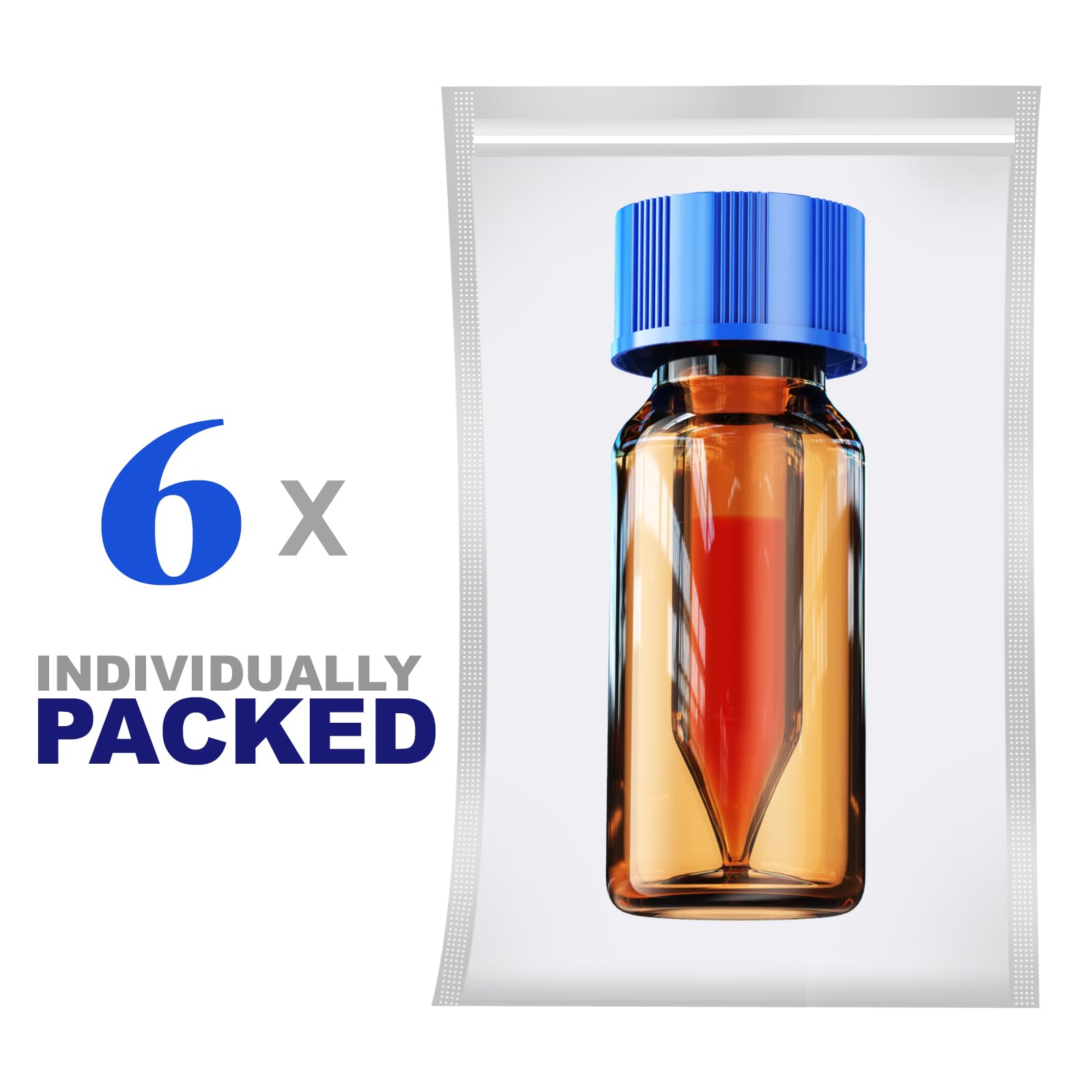 Borosilicate Glass V Vial, High Recovery Vial with Blue Screw Cap,0.3 mL Capacity Pack of 6 (Amber, 0.3mL)