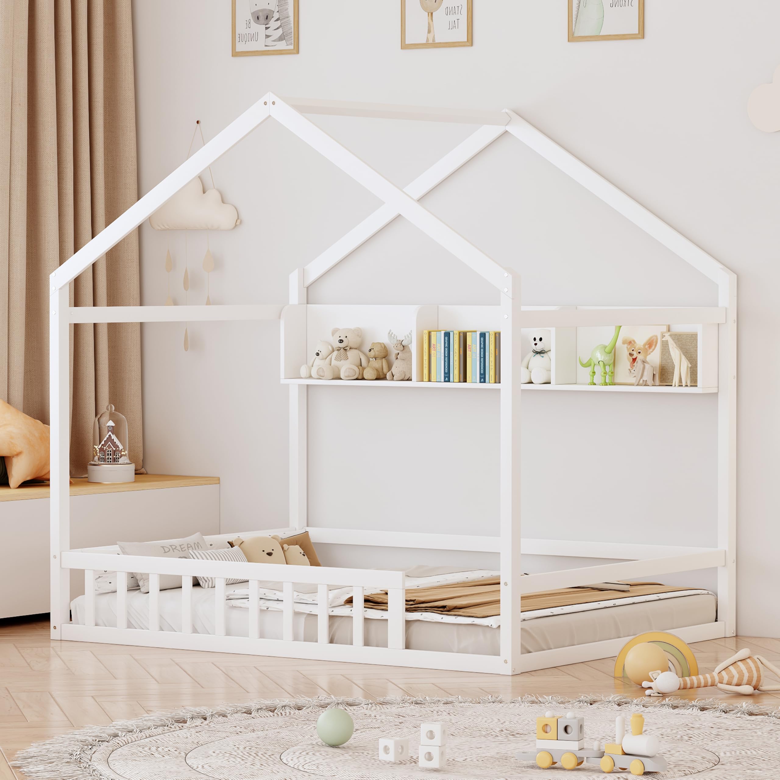 P PURLOVE Full Size House Floor Bed Frame with Storage Shelf, Full Size Montessori Floor Bed with Fence for Kids,Girls,Boys,Wood Floor House Bed with Roof for Kids,White