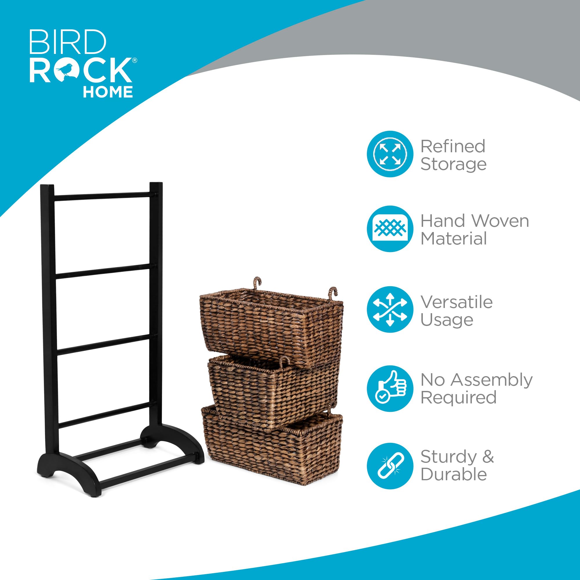 BIRDROCK HOME 3-Tier Abaca Storage Organizer Shelf with Solid Wood Frame - Durable Handwoven Abaca Fiber Baskets - Ideal for Organizing Living Rooms, Bedrooms, or Kitchens - Brown Wash, Espresso