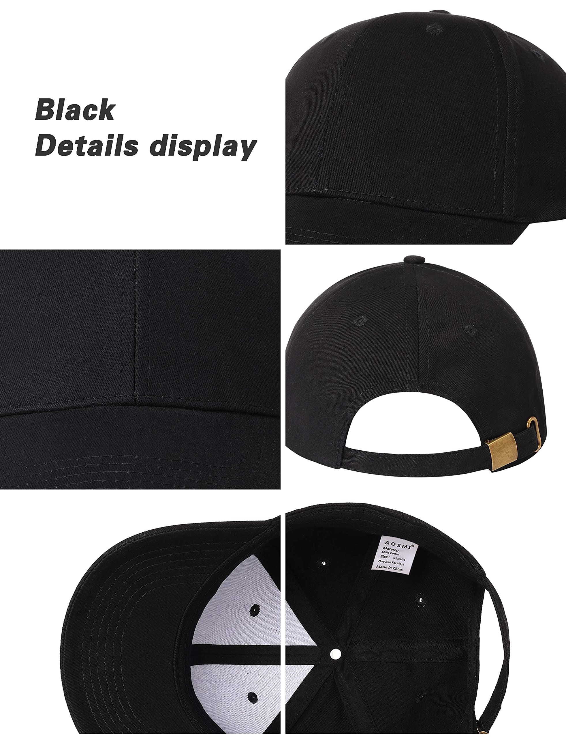AOSMI 3 Packs Unisex Plain Cotton Strapback Baseball Hats Adjustable No-Logo Blank Clean Ball Caps for Men Women Outdoor Workout Black Grey Khaki
