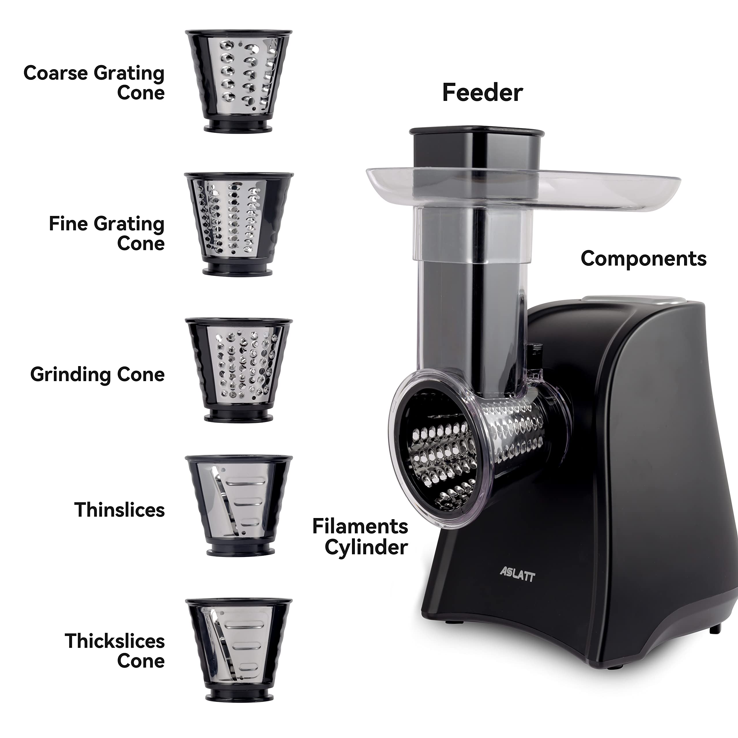ASLATT Electric Slicer, Electric Cheese Grater for Home Kitchen Use, One-Touch Control Cheese Shredder, Salad Maker Machine for Fruits, Vegetables, Cheese Grater with 5 Attachments