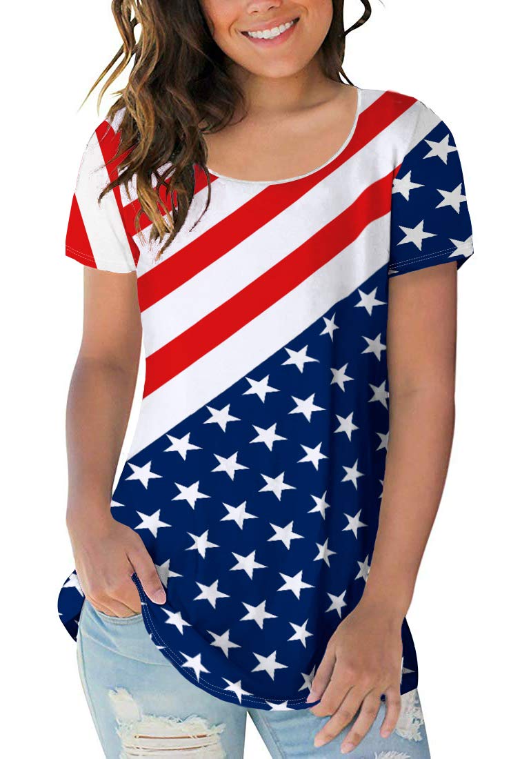 American Flag Shirt Women July 4th T Shirts Short Sleeve Summer Tops Scoop Neck L