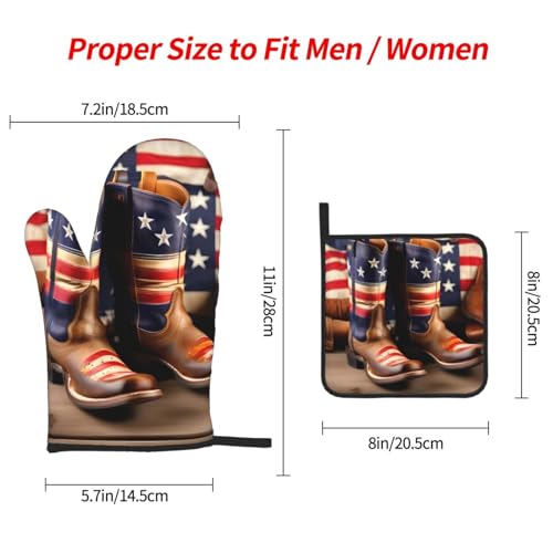 American Flag with Cowboy Boots Oven Mitts and Pot Holders Set–Ultimate Heat Resistant Set for Kitchen and Dining