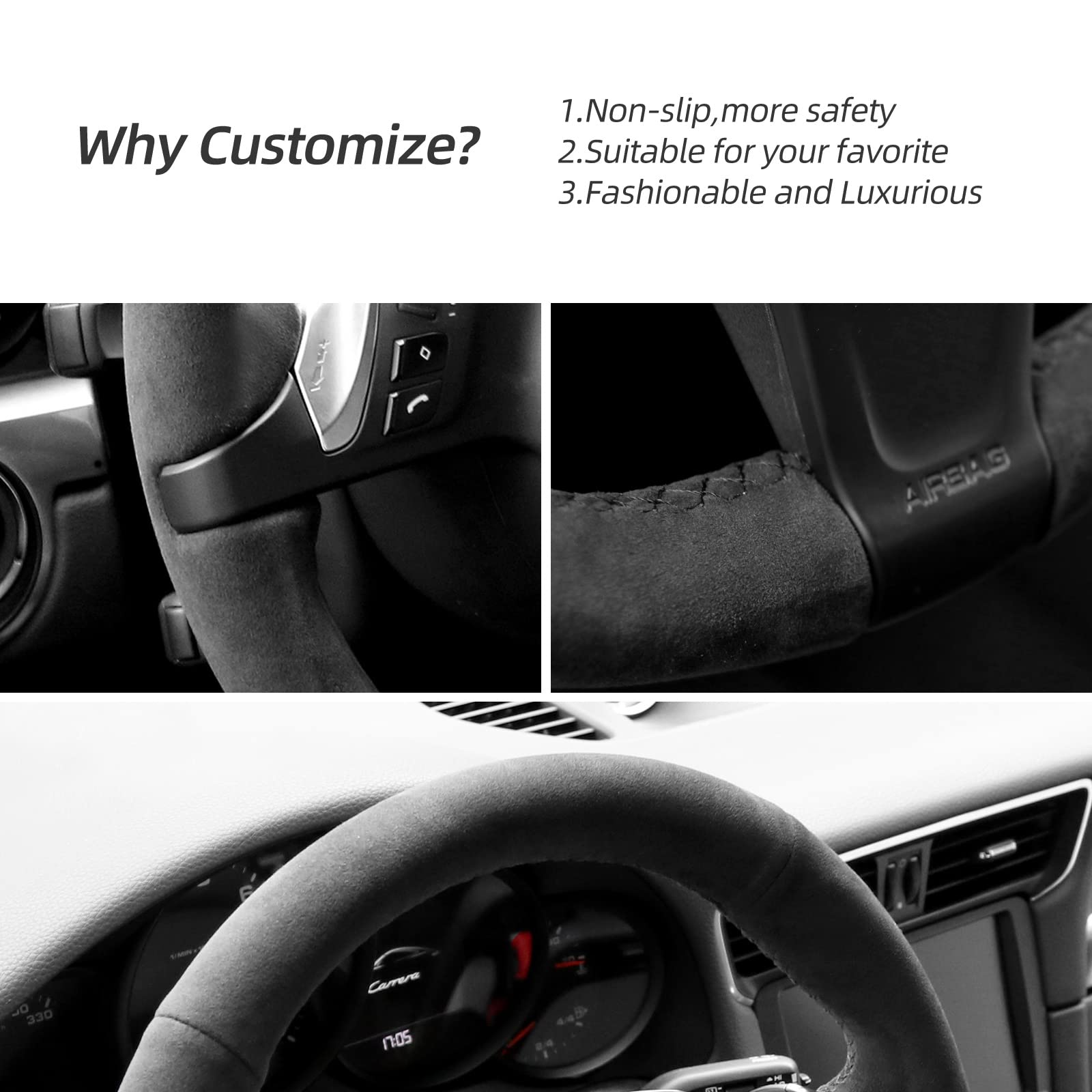 Alfanxi Hand Stitch Sewing Italy Alcantara Car Steering Wheel Cover Wrap for Porsche 911/Panamera/Panamera E-Hybrid (Black Alcantara+No Stripes)