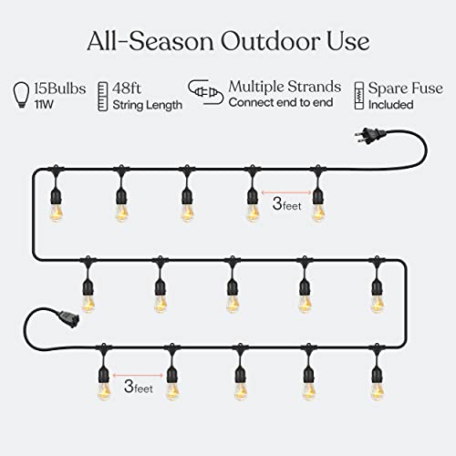 Brightech Ambience Pro Outdoor String Lights - Commercial Grade Waterproof Patio Lights with 48 Ft Dimmable Incandescent Edison Bulbs, Porch String Lights For Patio, Backyard, Christmas - 15 Bulbs 11W