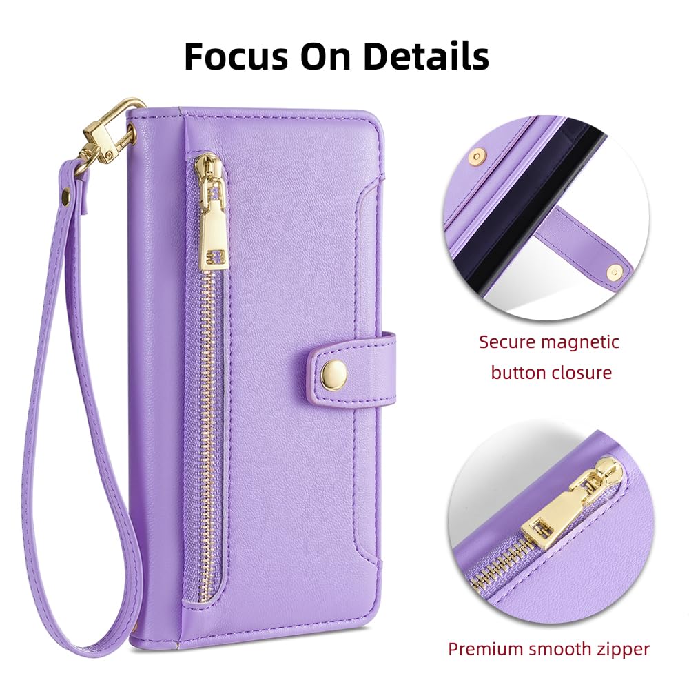 Arseaiy Wallet Case for iPhone 15 Pro Max Flip Phone Case with Adjustable Crossbody Strap Magnetic Handbag Zipper Pocket Cases PU Leather Shockproof Cover with Kickstand Phone Shell Purple