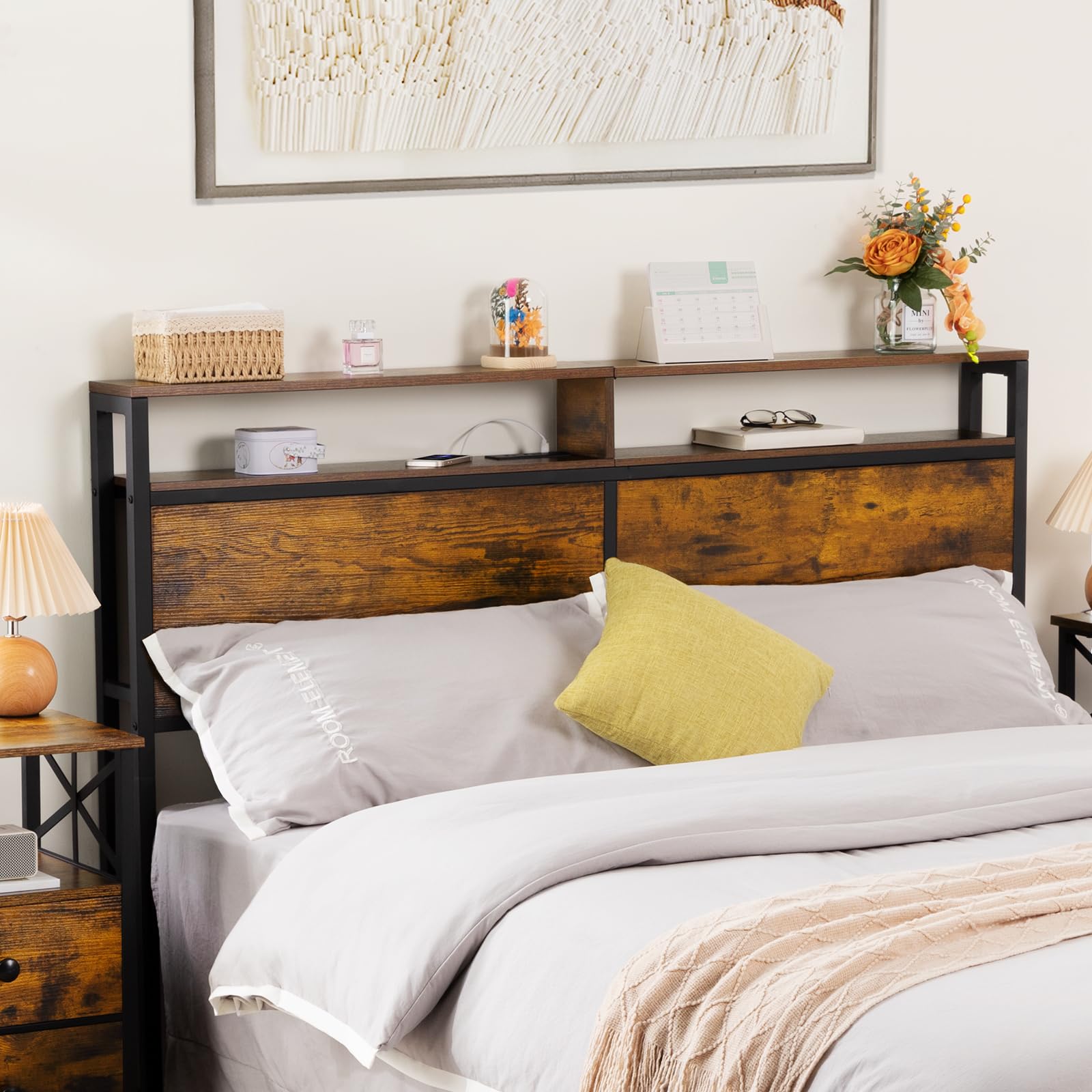 LOAKEKEL Queen Headboard Only, Headboard Queen Size with Outlets and USB Ports, Wood Platform Bed Queen Headboard with 2 Tier Storage Rack, Adjustable Height, Easy Assembly, Black HB052BK