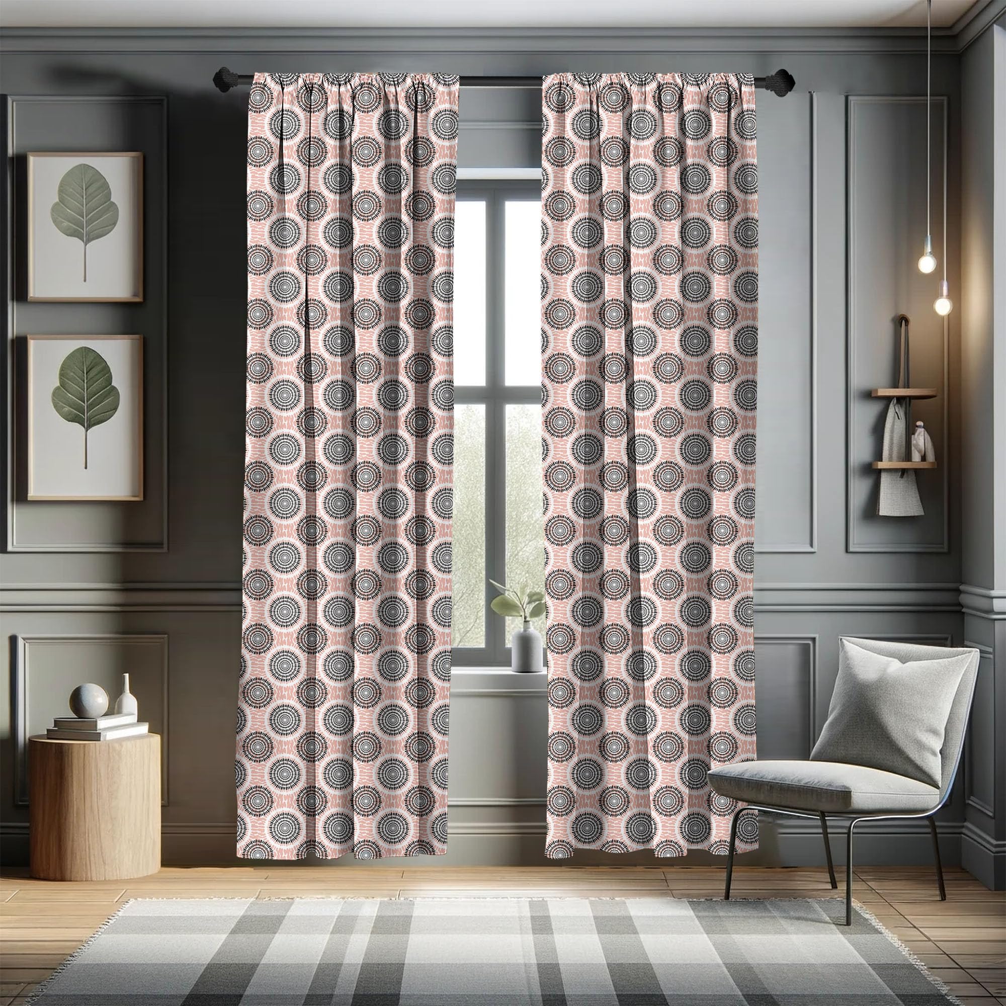 Ambesonne Peach Curtains, Symmetrical Circular Shapes Pattern Abstract Background Soft Color Image Print, Window Treatments 2 Panel Set for Living Room Bedroom, Pair of - 28" x 63", White Black