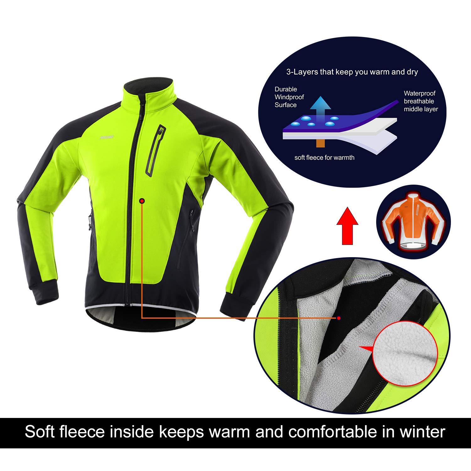 ARSUXEO Men's Winter Cycling Jacket Thermal Fleece Softshell Mountain Bike Outwear Windproof Waterproof 20B Green Size Large