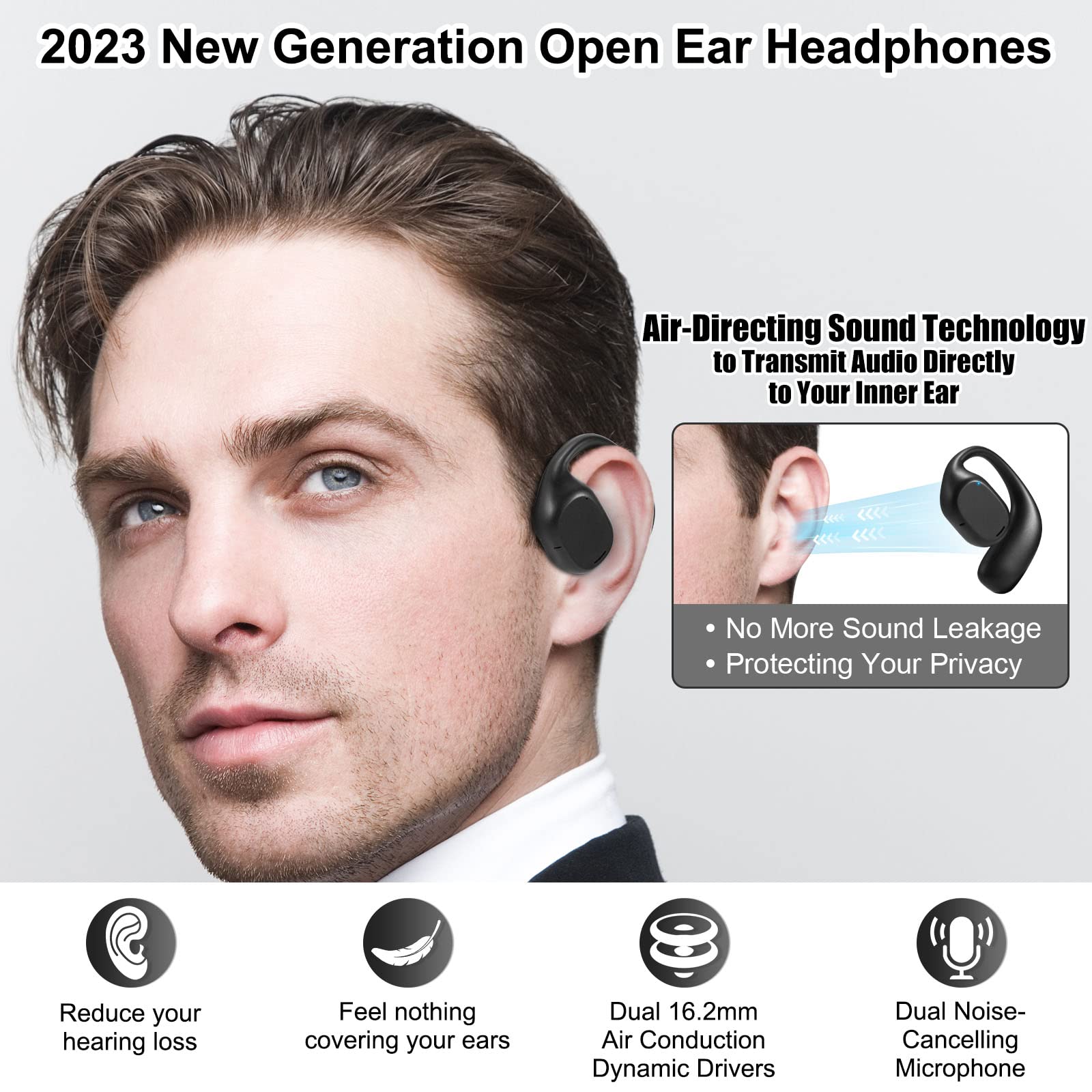 ASIILOVI Open Ear Headphones VG332 Air Conduction Headphones Bluetooth 5.3 Touch Control Wireless Earbuds (Gray)