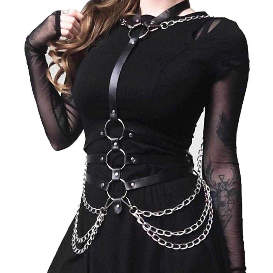 Asooll Punk Leather Body Chain Layered Black Harness Belt Leather Body Jewelry Beach Prom Party Rave Club Body Accessories Jewelry for Women and Girls