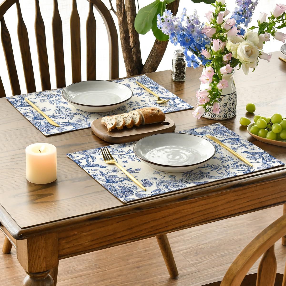 Artoid Mode Hydrangea Flowers Branches Chinoiserie Spring Placemats Set of 4, 12x18 Inch Table Mats for Party Kitchen Dining Decoration