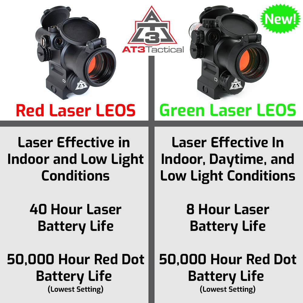AT3 LEOS Red Dot Sight with Integrated Green Laser Sight - 2 MOA Red Dot Scope with Flip Up Lens Caps