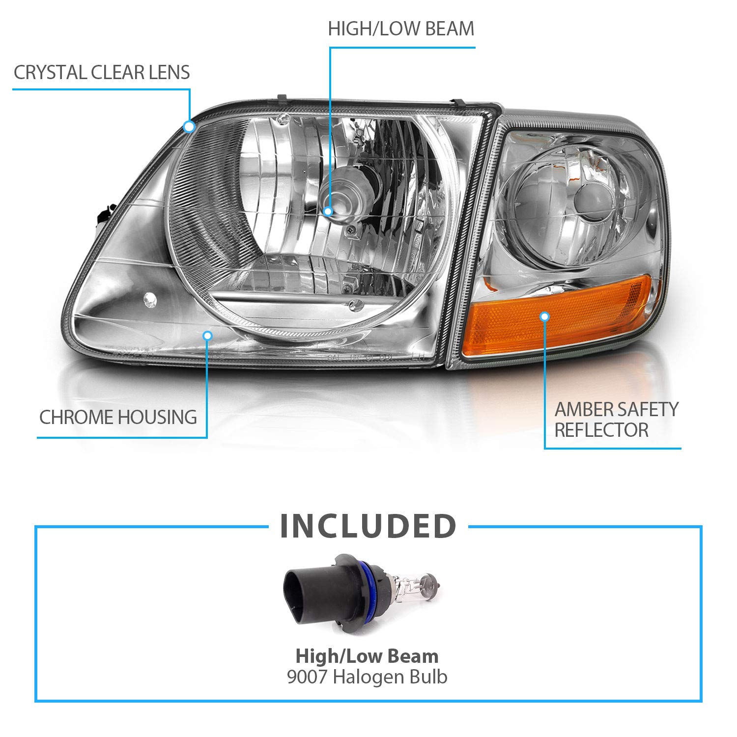 AmeriLite Replacement Crystal Halogen Car Headlights with Corner Parking Set For Ford F150 F-150 Harley Lighting - Driver and Passenger, Vehicle Light Assembly, Chrome