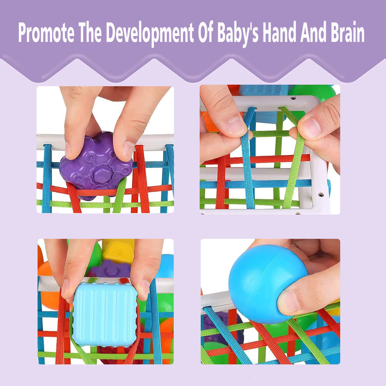 Ingooood Baby Shape Sorting Toy,Sensory Sorting Bin with Elastic Bands,Montessori Toys for 1-3 Year Old (Classic-12 Piece)