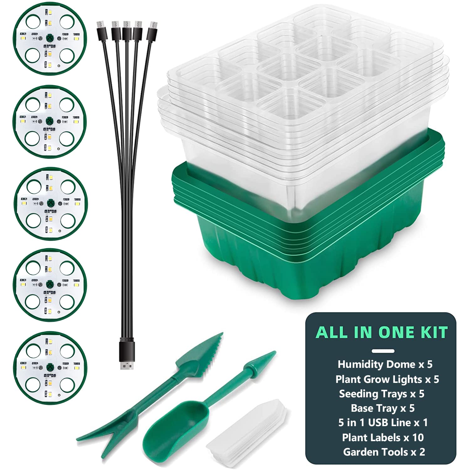 ANTUGLBAR Seed Starter Tray with Grow Light 5 Packs Seedling Starter Trays, Seed Starting Trays Kit High Humidity Dome Indoor Gardening Plant Germination Trays 60 Cells