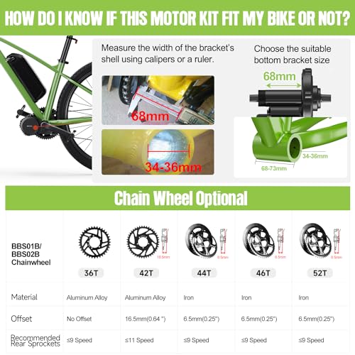 BAFANG BBS02B 48V 750W Mid Drive Kit with Battery Optional 8fun eBike Conversion Kit with LCD Display (850C Display, Motor kit+44T Chainring+Rear Battery 48V 15Ah)