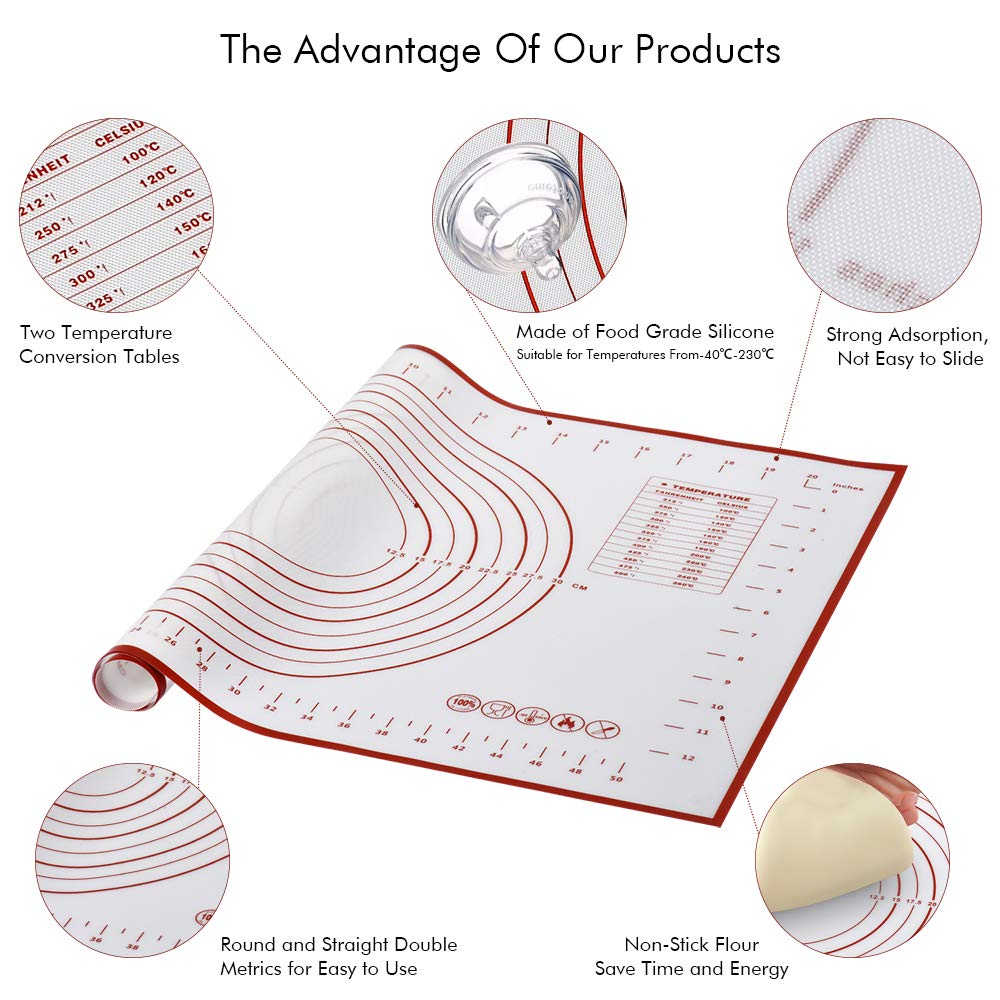 Asenky Food Grade Nonstick Silicone Pastry Bakers Mat,24”x16" Large Dough Rolling Mat with Measurements for Kneading Pie Crust Bread Cookies,Oven Liner