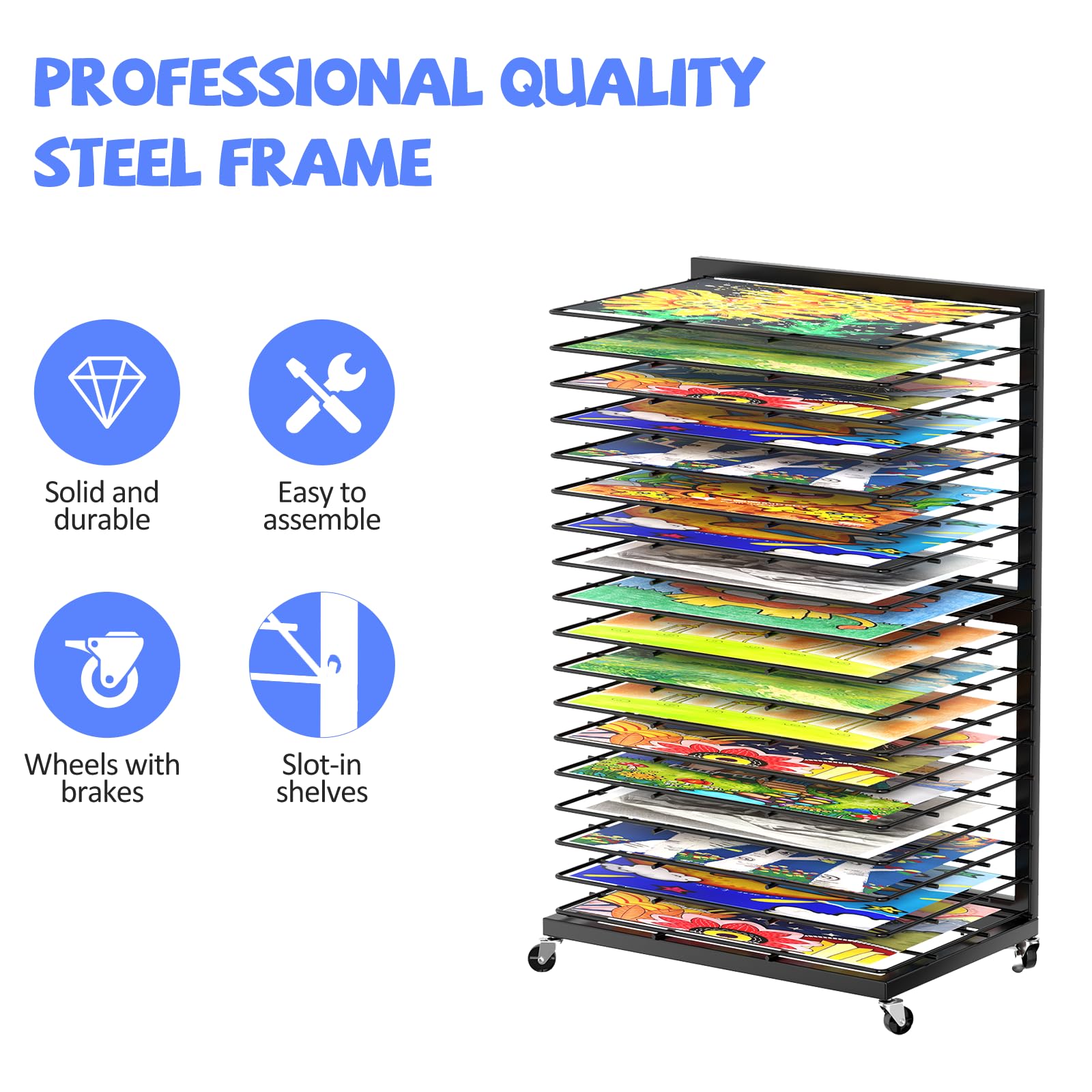 Blasinc Art Drying Rack, 18 Removable Shelves, Mobile Painting Drying Rack with Wheels, Canvas Rack for Classroom, Art Storage