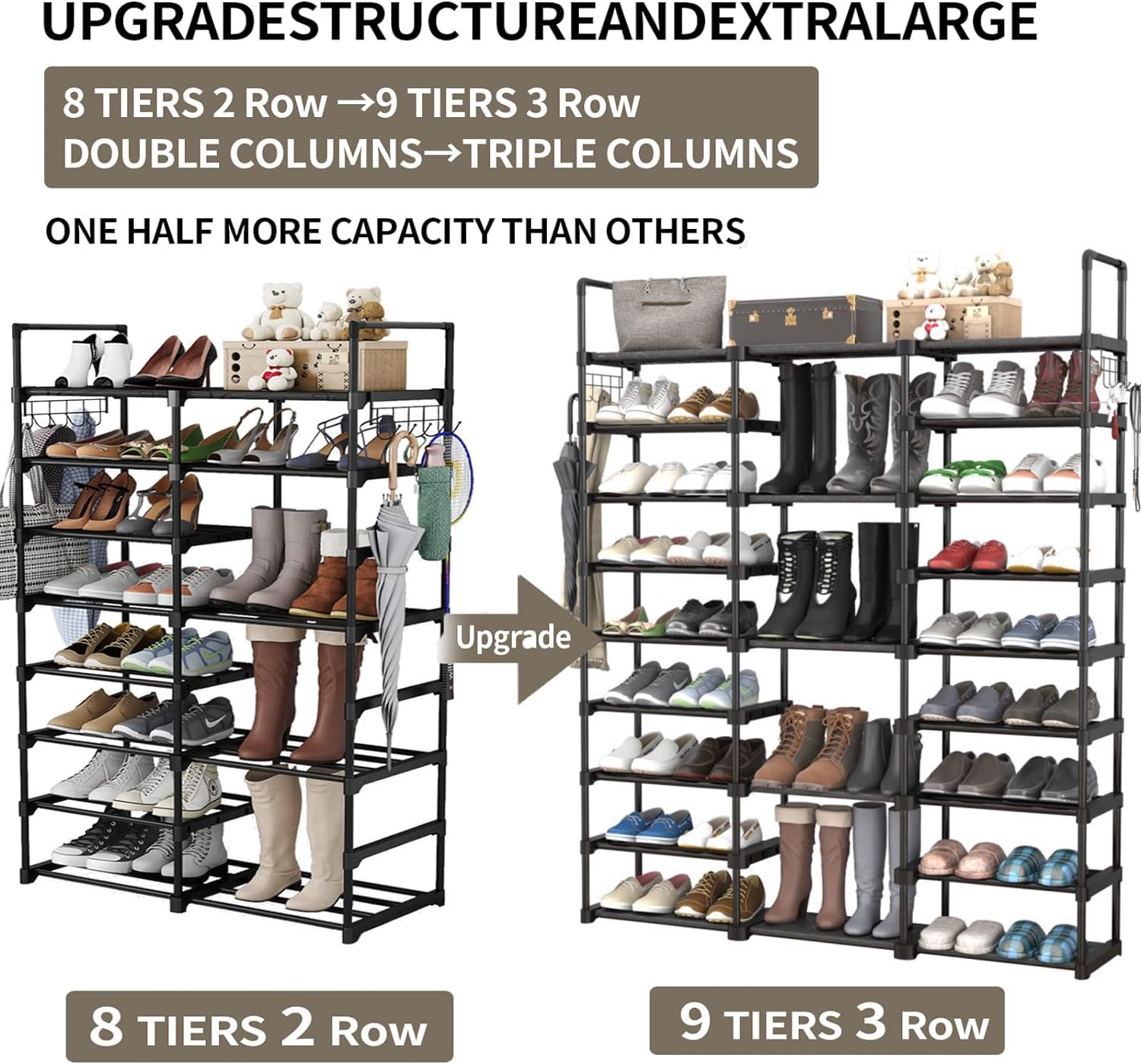 Piggy-G 9 Tiers Shoes Rack for Entryway, Shoe Organizer with Hook Rack, Shoe Storage Shelf Organizer Stackable Long Shoe Shelf for Hallway Entryway, Closet, Garage, Bedroom, Cloakroom