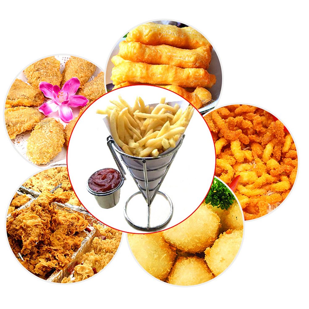 BESTONZON 2-Piece French Fry Stand Metal Spiral Cone Basket Holder for Fries Fish and Chips and Sauce Dippers