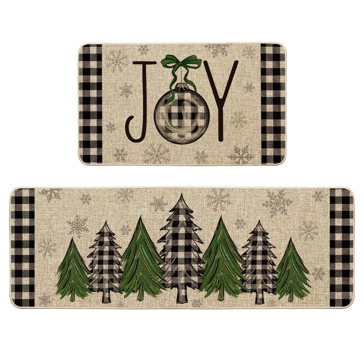 Artoid Mode Buffalo Plaid Xmas Trees Joy Christmas Kitchen Mats Set of 2, Winter Home Decor Low-Profile Kitchen Rugs for Floor - 17x29 and 17x47 Inch
