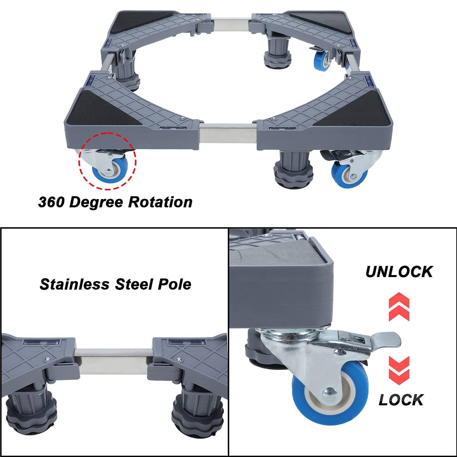 Artilife Adjustable Mobile Base,Multi-functional Movable Base with 4 Single Wheels 4 Feet for Washing Machine,Dryer and Refrigerator