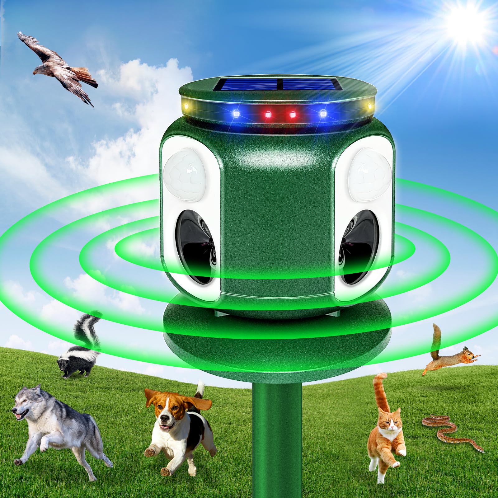Ultrasonic Animal Repellent, Solar Animal Repeller, 2024 Upgraded Cat Repellent, 360° Squirrel Repellent with Motion Sensor & Flashing Light for Deer, Rabbit, Snake, Rodent, Bird, Mole, Dog, Fox