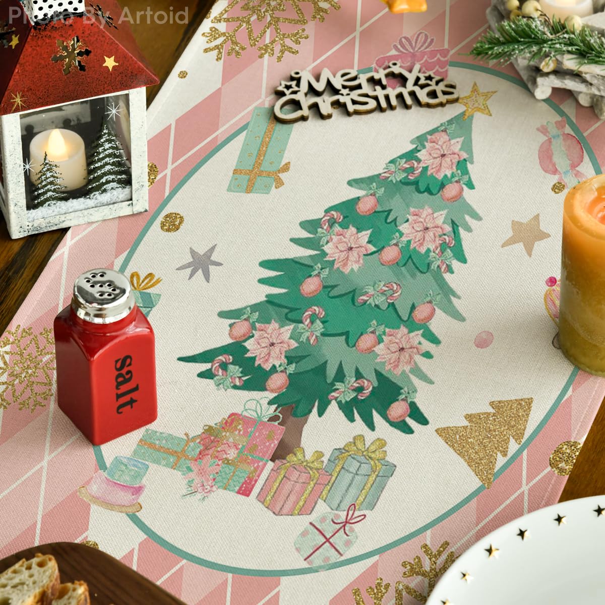 Artoid Mode Pink Diamond Plaid Nutcracker Snowflake Christmas Table Runner, Seasonal Winter Kitchen Dining Table Decoration for Home Party Decor 13x72 Inch