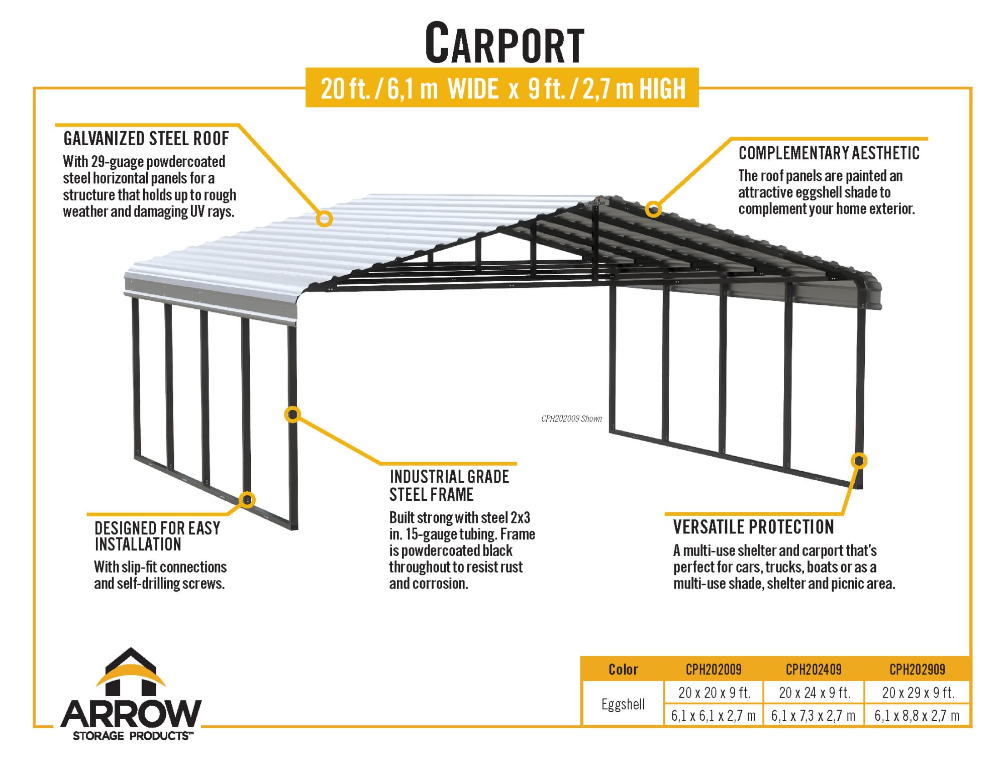 Arrow Carports Galvanized Steel Carport, Double Car Metal Carport Kit, 20' x 20' x 9', Eggshell