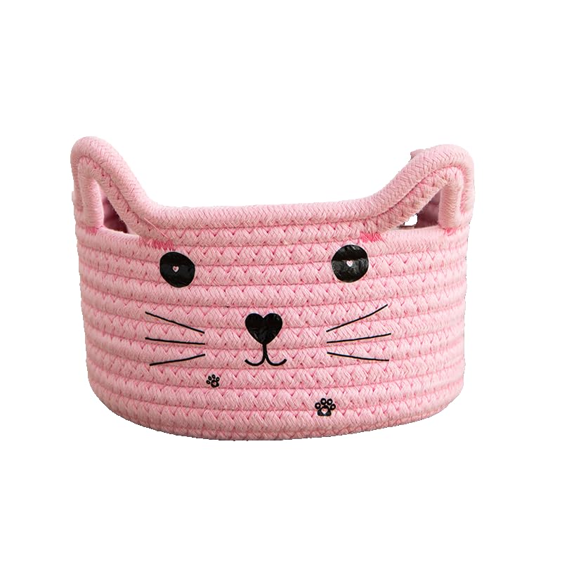 Bafnsiji Cute Cat Face Pattern Braided Storage Basket, Cotton Rope Animal Design Braided Clutter Storage Bag, Washable Snack Sundries Storage Basket,Pink